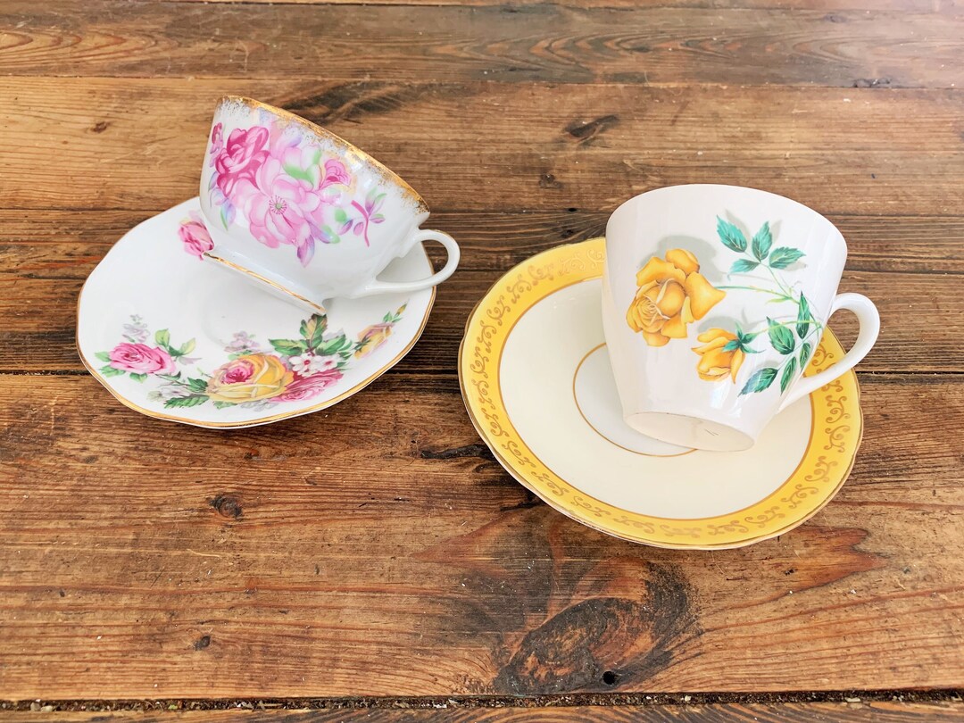 Vintage Shabby Chic Mismatched Pair of Fine China Teacups and Saucers ...