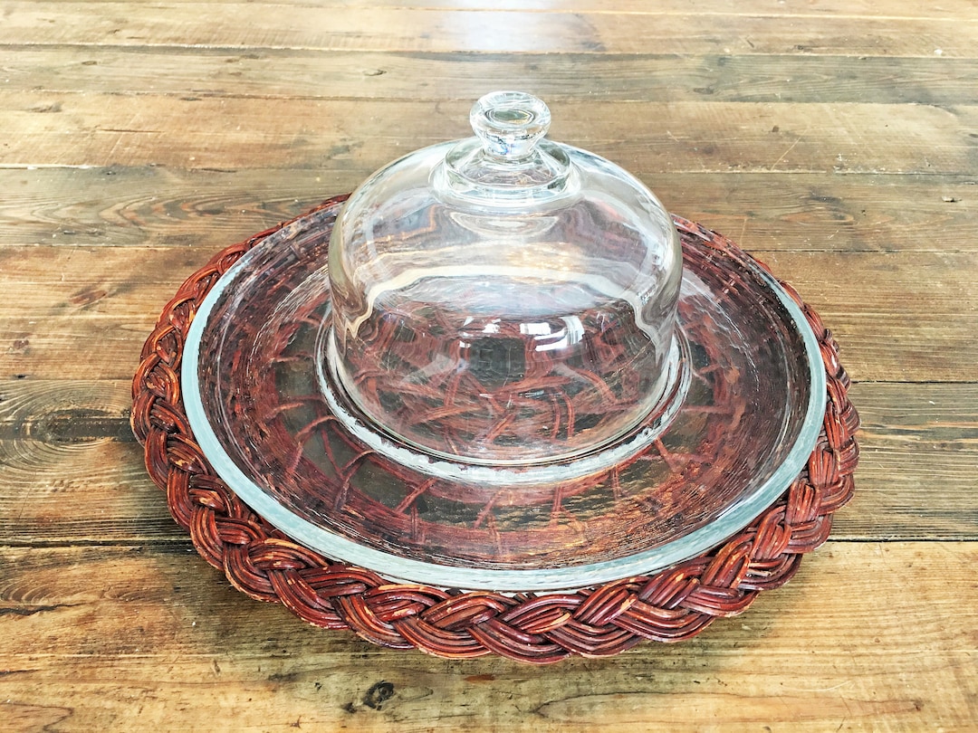 Vintage Glass and Wicker Cheese Ball Platter/wicker and Glass Cheese ...