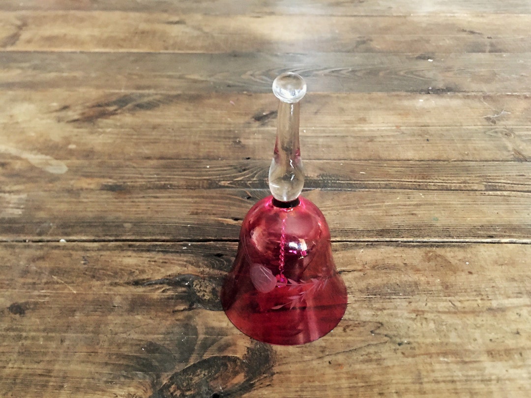 Vintage Diamond Cut Etched Small Red and Clear Glass Crystal Hand Bell ...