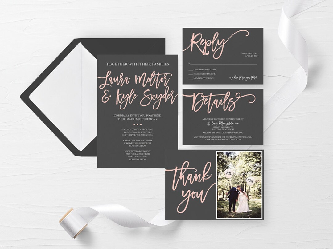 Gray and Pink Wedding Invite, Pastel Wedding Invitation, Simple Wedding ...