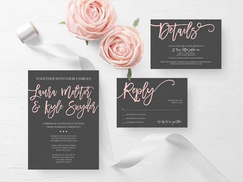 Gray and Pink Wedding Invite Pastel Wedding Invitation - Etsy