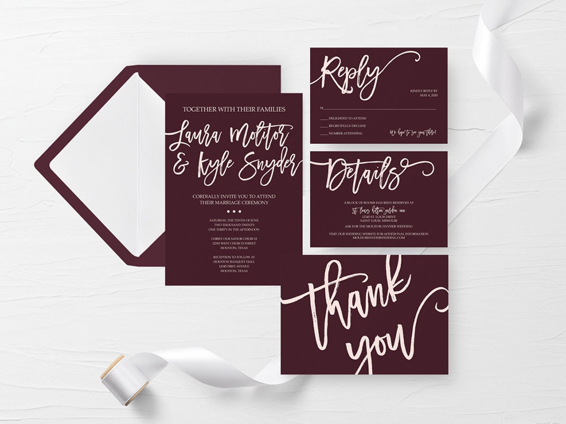 Burgundy Marsala Printable Wedding Invite Set Burgundy Marsala | Etsy