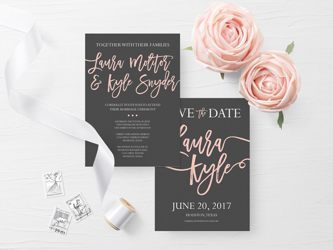 Gray and Pink Wedding Invite Pastel Wedding Invitation | Etsy