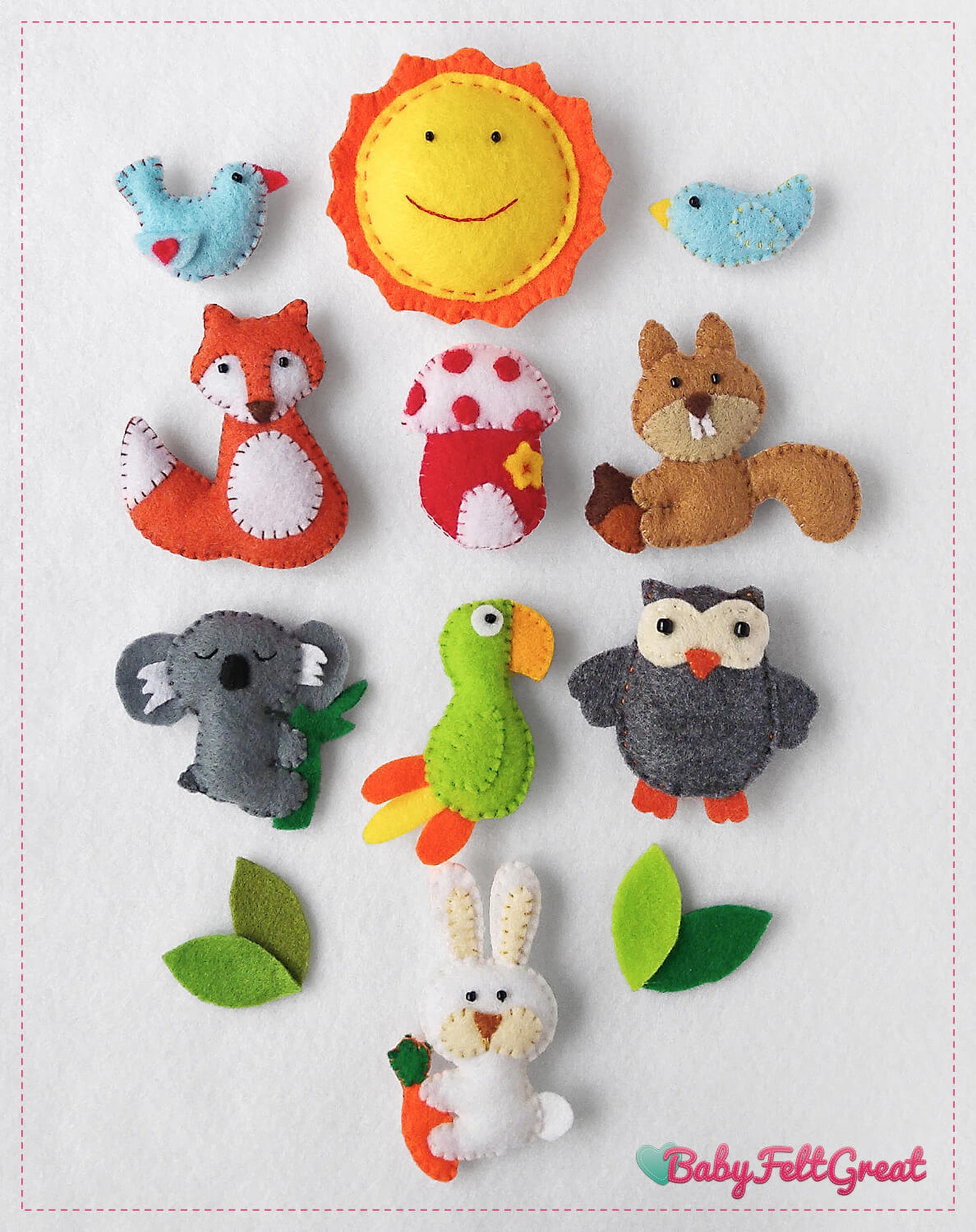 Patrones PDF Digital DIY adornos fieltro Set Bosque Bebé, Pájaros Sol ...