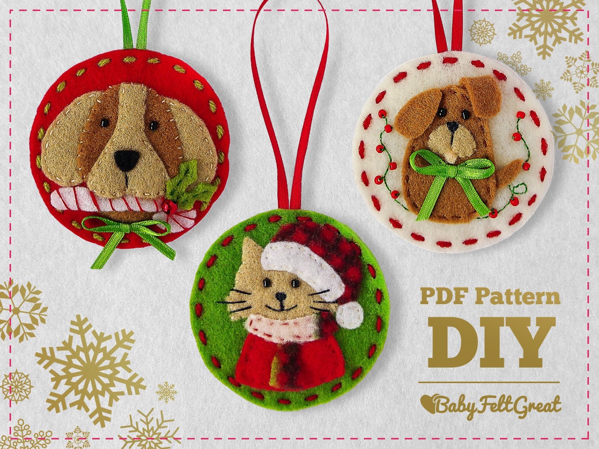 Round Christmas Pets Ornaments, Felt Christmas Ornament Pattern, PDF ...
