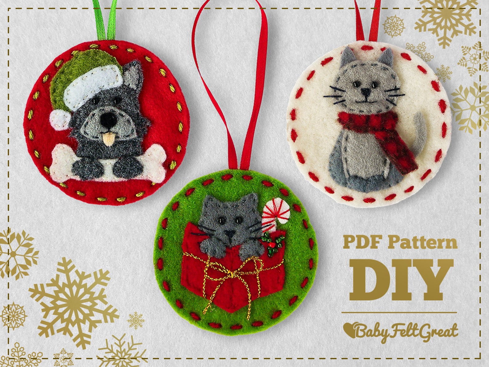 Christmas Pets Ornaments, Felt Christmas Ornament Pattern, Pdf Pattern ...