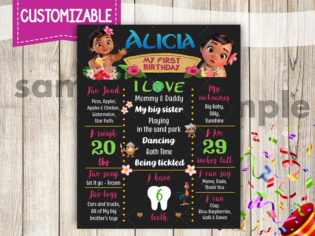 Printable Baby Moana Birthday Chalkboard Sign Poster, B-day Banner ...