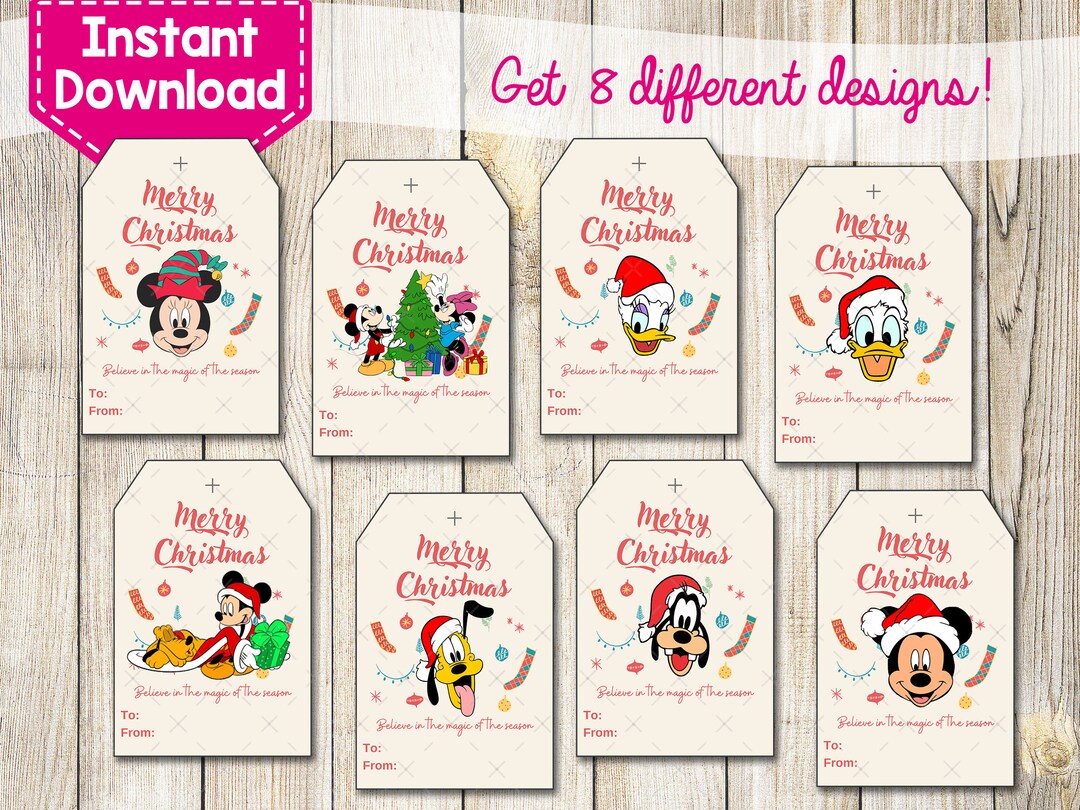 Christmas Gift Tags, Set of 8 Printable Tags, Holiday Gift Tags, Mickey ...