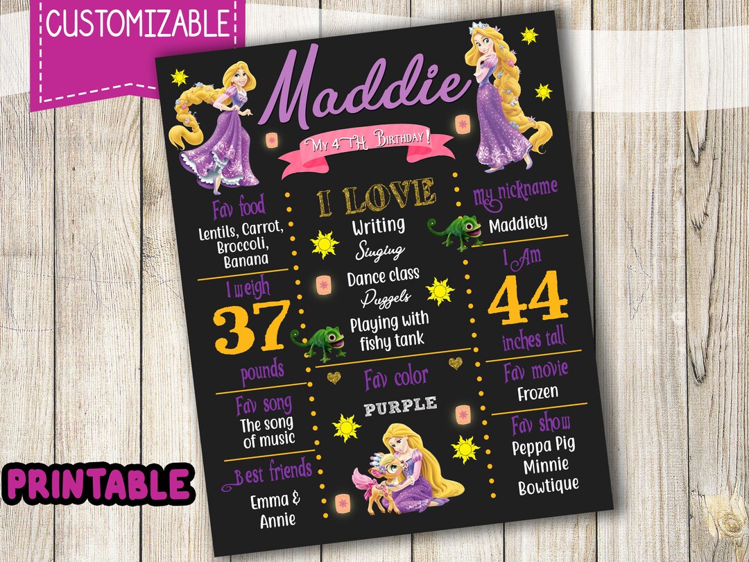 Tangled Rapunzel, Printable Rapunzel Any Age Birthday Chalkboard Sign ...