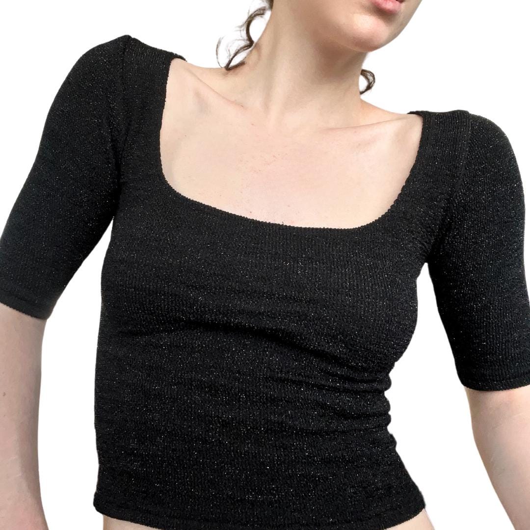 Vintage 70s Post Punk Black Knit Sparkly 3/4 Sleeve Crop Top - Etsy