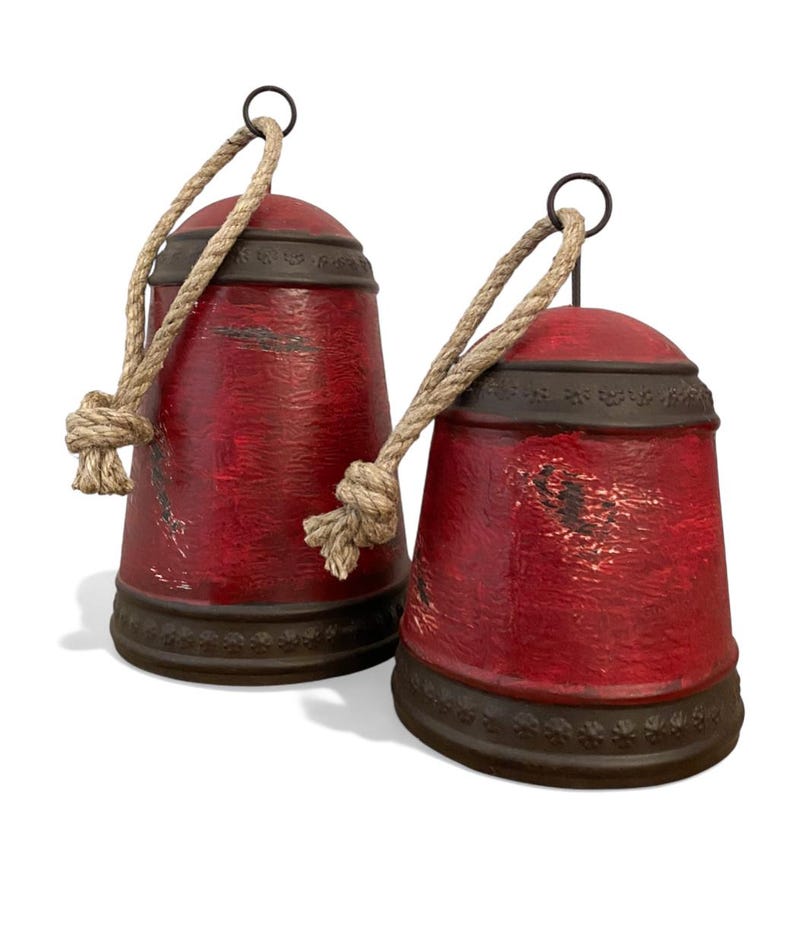 Large Distressed Red and Brown Christmas Bells Set: Rope Bells ...
