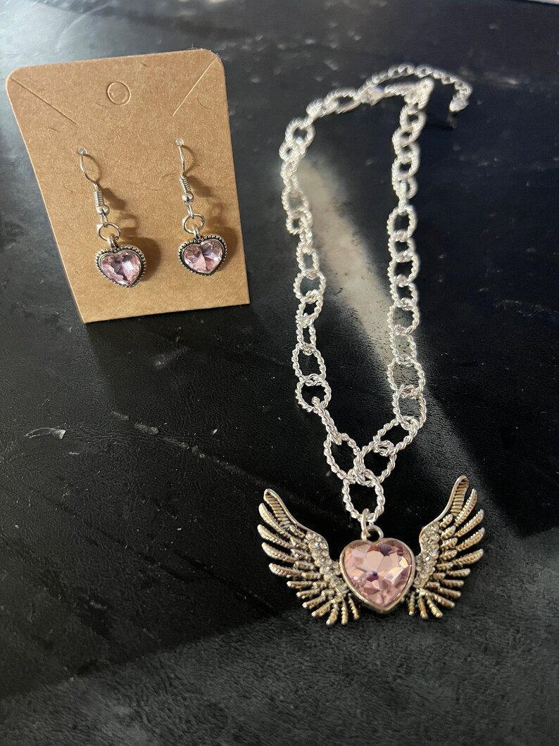 Angel Wing Neckless 16 Inches and Heart Earrings - Etsy