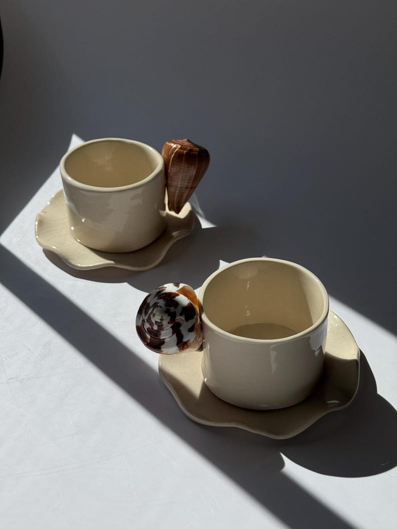 Handmade Ceramic Mug and Saucer Set 8 Oz Stoneware With Seashell Handle ...