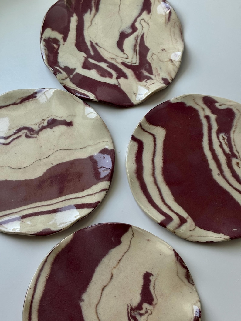 Handmade Nerikomi Plates: Cream & Rose Red Scalloped Edge - Set of 4 ...
