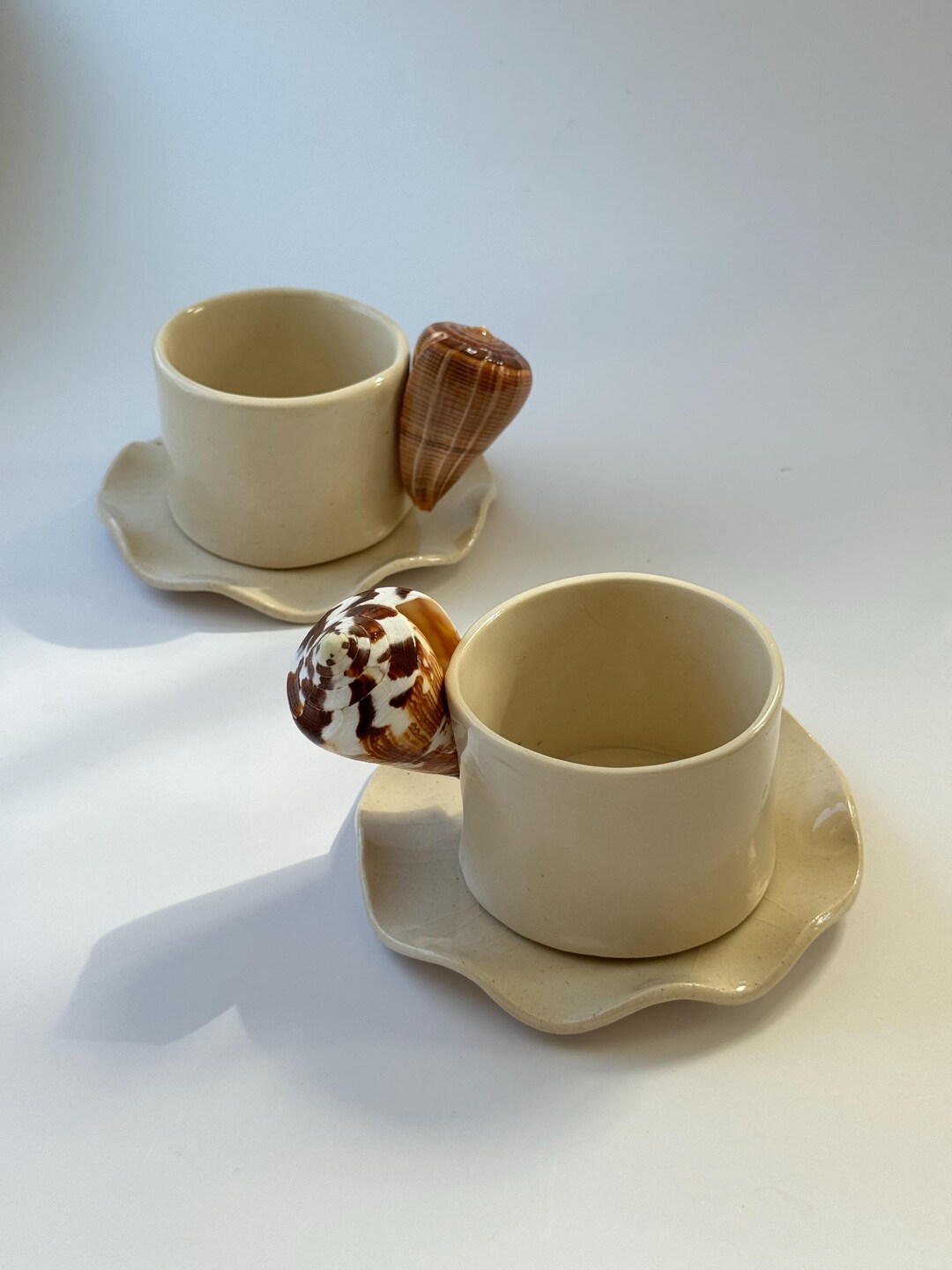 Handmade Ceramic Mug and Saucer Set 8 Oz Stoneware With Seashell Handle ...