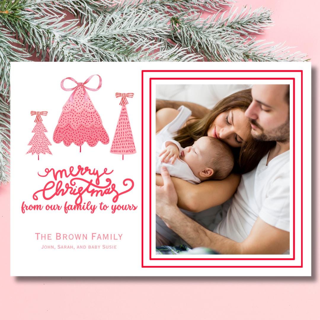 Pink Christmas Card Merry Christmas Card Pink Holiday Card Baby Girl ...