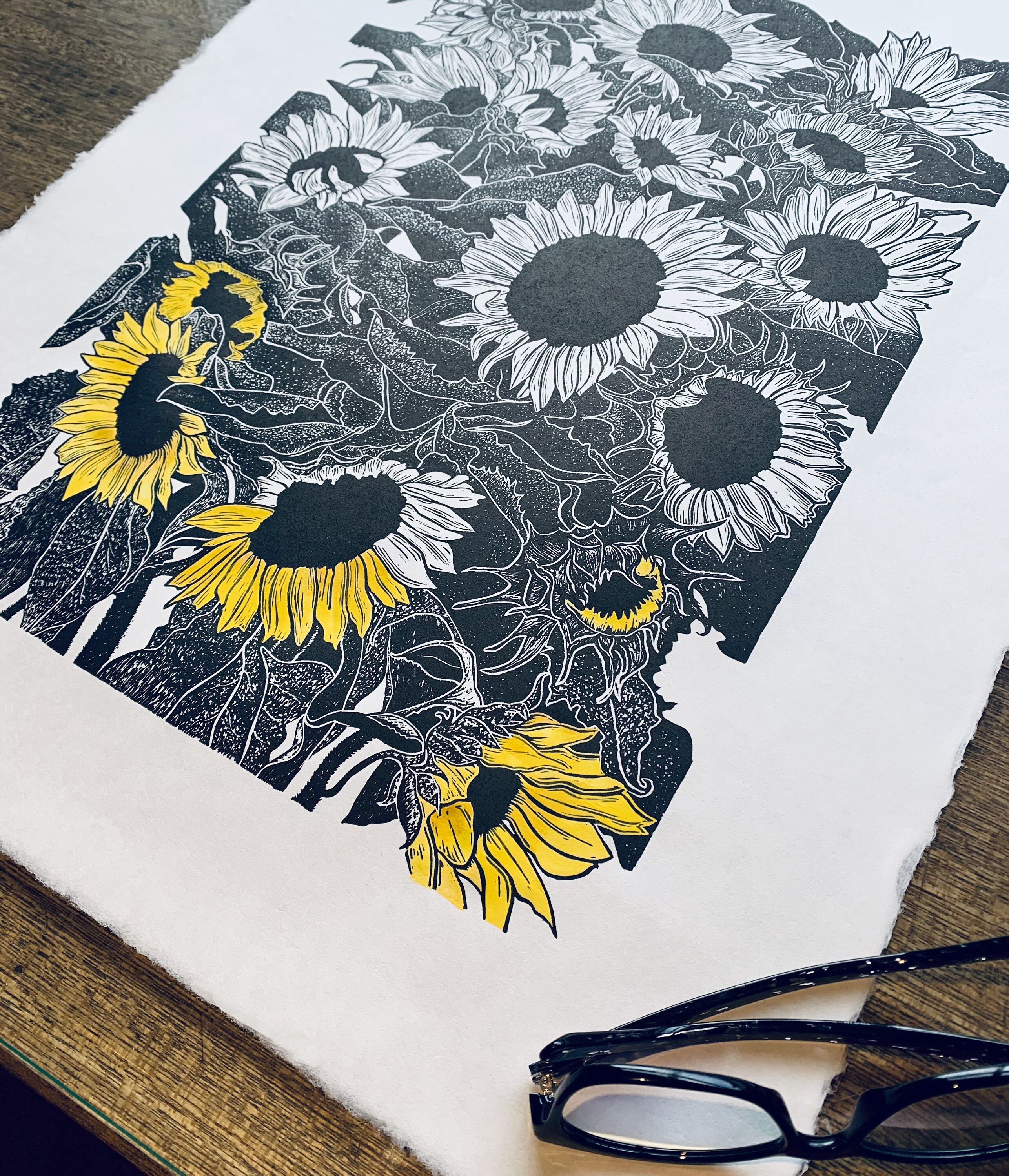 Sunflowers Original Linocut Print With Hand Colouring - Etsy