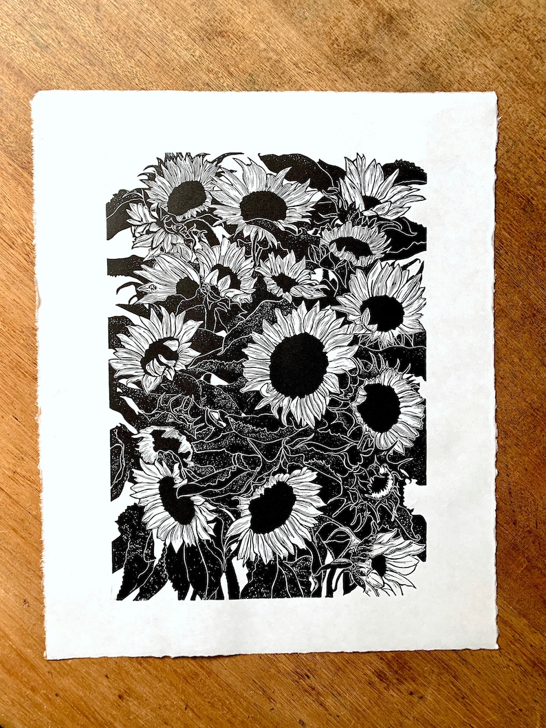 Sunflowers B/w Original Linocut Print Handprinted - Etsy