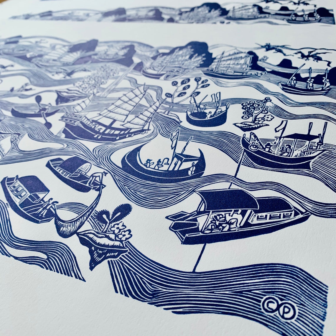Floating Boats & Dragons Original Handcarved Linocut Print | Etsy