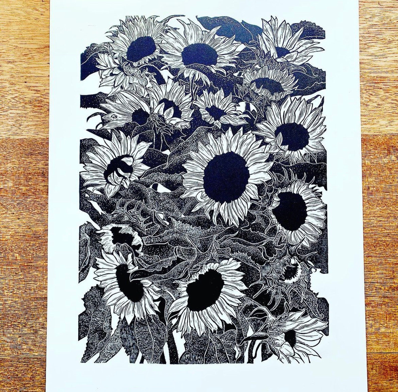 Sunflowers B/w, Original Linocut Print, Handprinted - Etsy