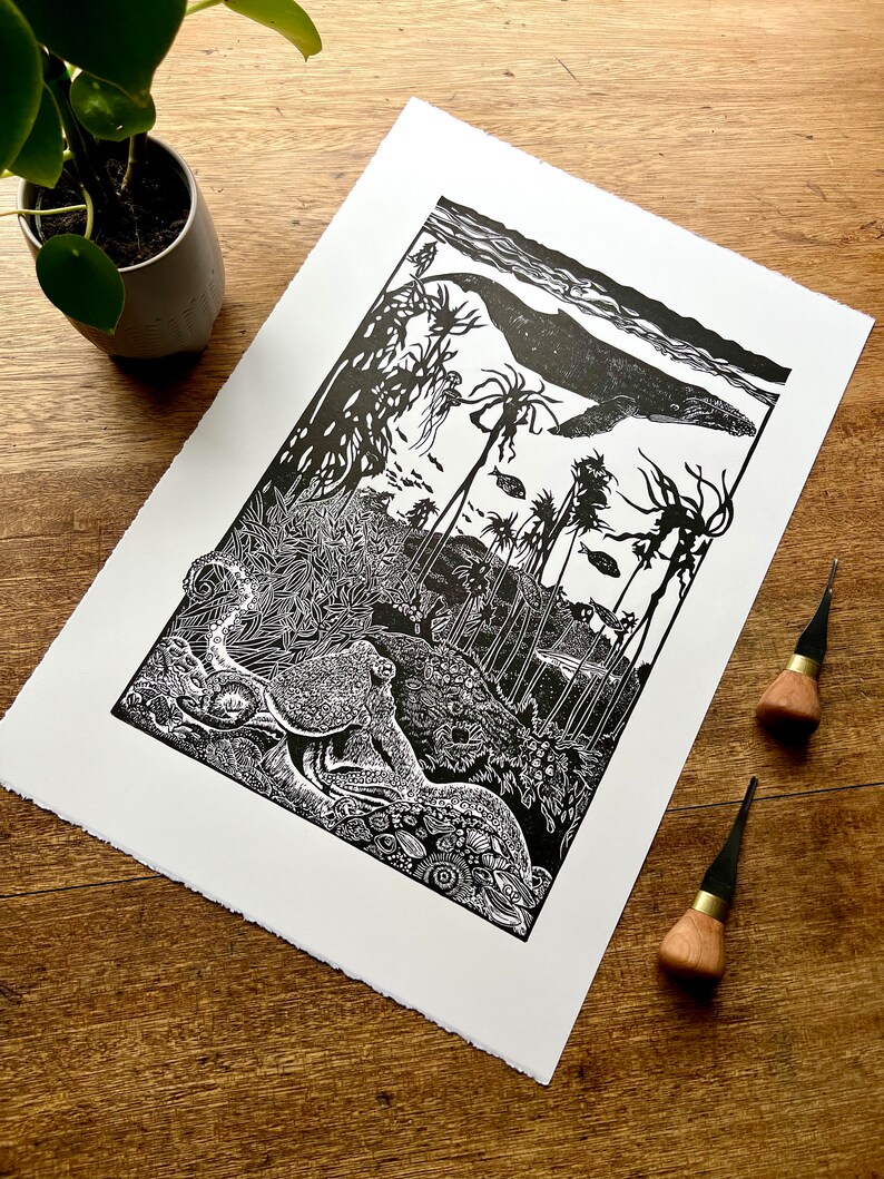 Our Great African Seaforest, Original Handcarved Linocut Print, Black ...