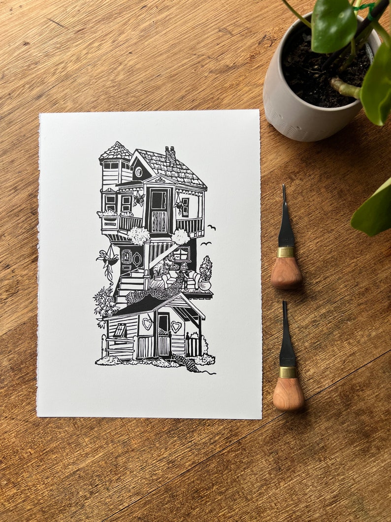 The Knitting House, Original Linocut Print, Hand Printed, Signed - Etsy