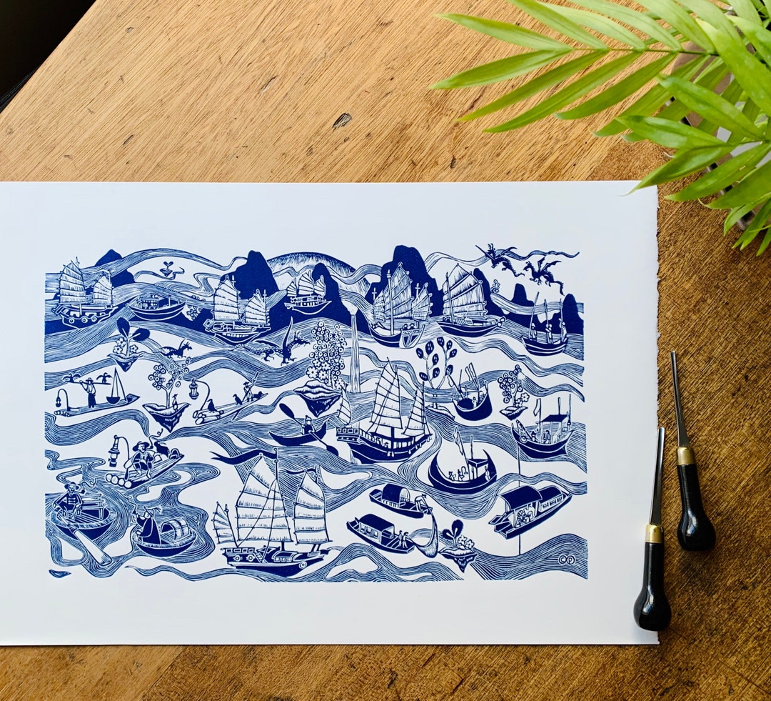 Floating Boats & Dragons, Original Handcarved Linocut Print, Phthalo ...