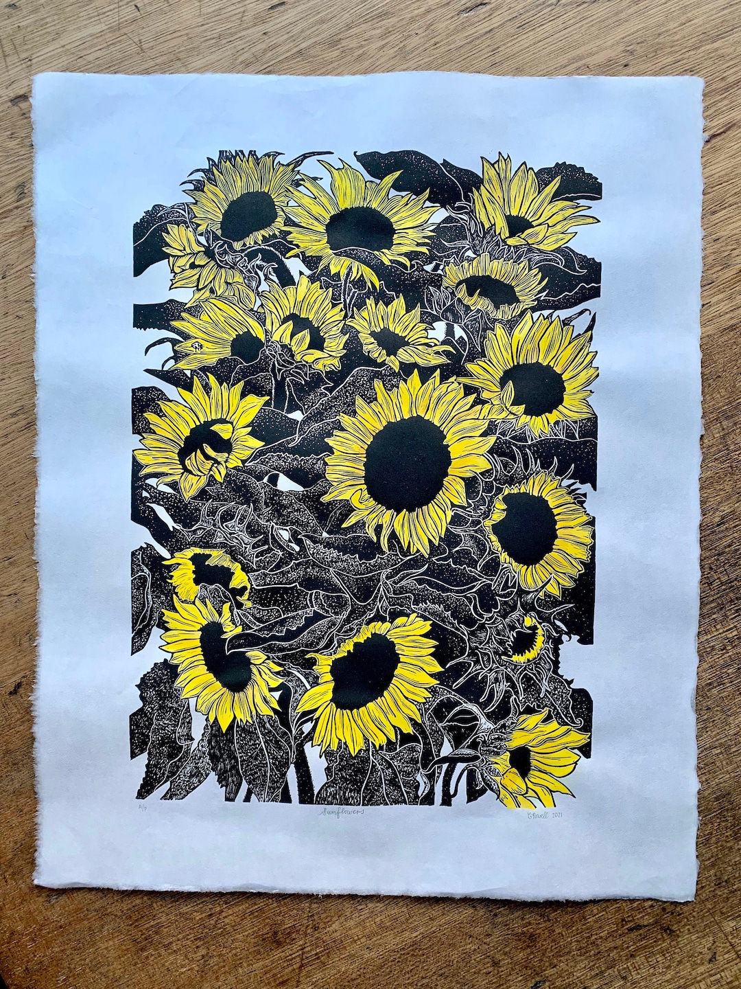 Sunflowers, Original Linocut Print With Hand Colouring, Limited Edition ...
