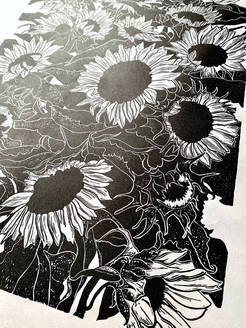 Sunflowers B/w, Original Linocut Print, Handprinted - Etsy