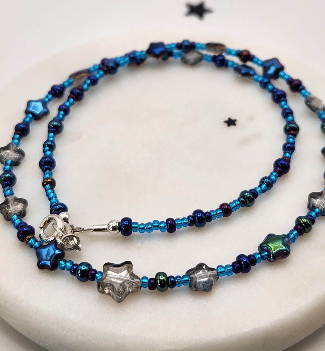 Sparkly Delicate Star Necklace, Electric Blue Beaded Star Necklace - Etsy