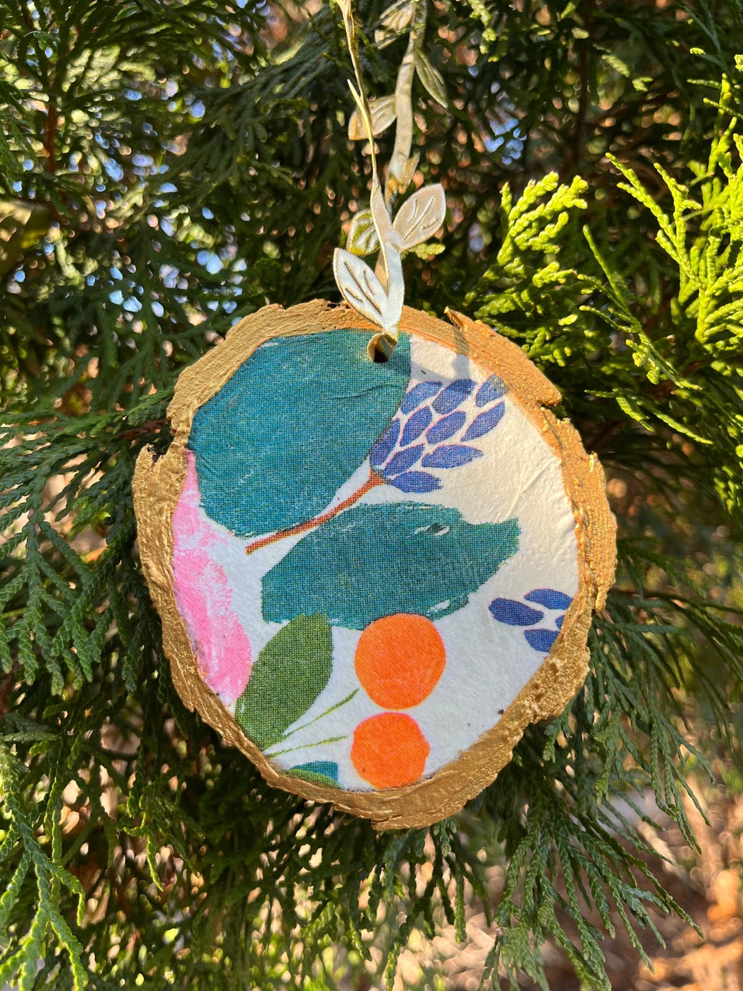 Handmade Christmas Holiday Ornament With Decoupage on Natural Wood ...