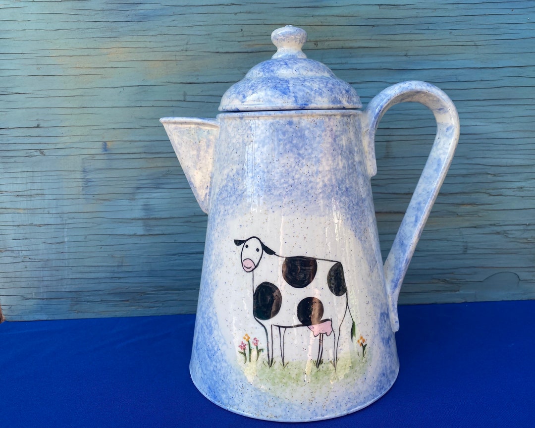 Large Sponge Cow Coffee Pot,white Blue Cow Pot,large Coffee Pot,unique ...