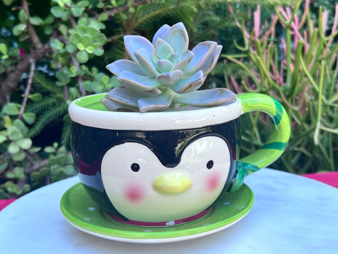 Upcycled Penguin Mug Planter With Drainage Hole,ceramic Recycled Mug ...