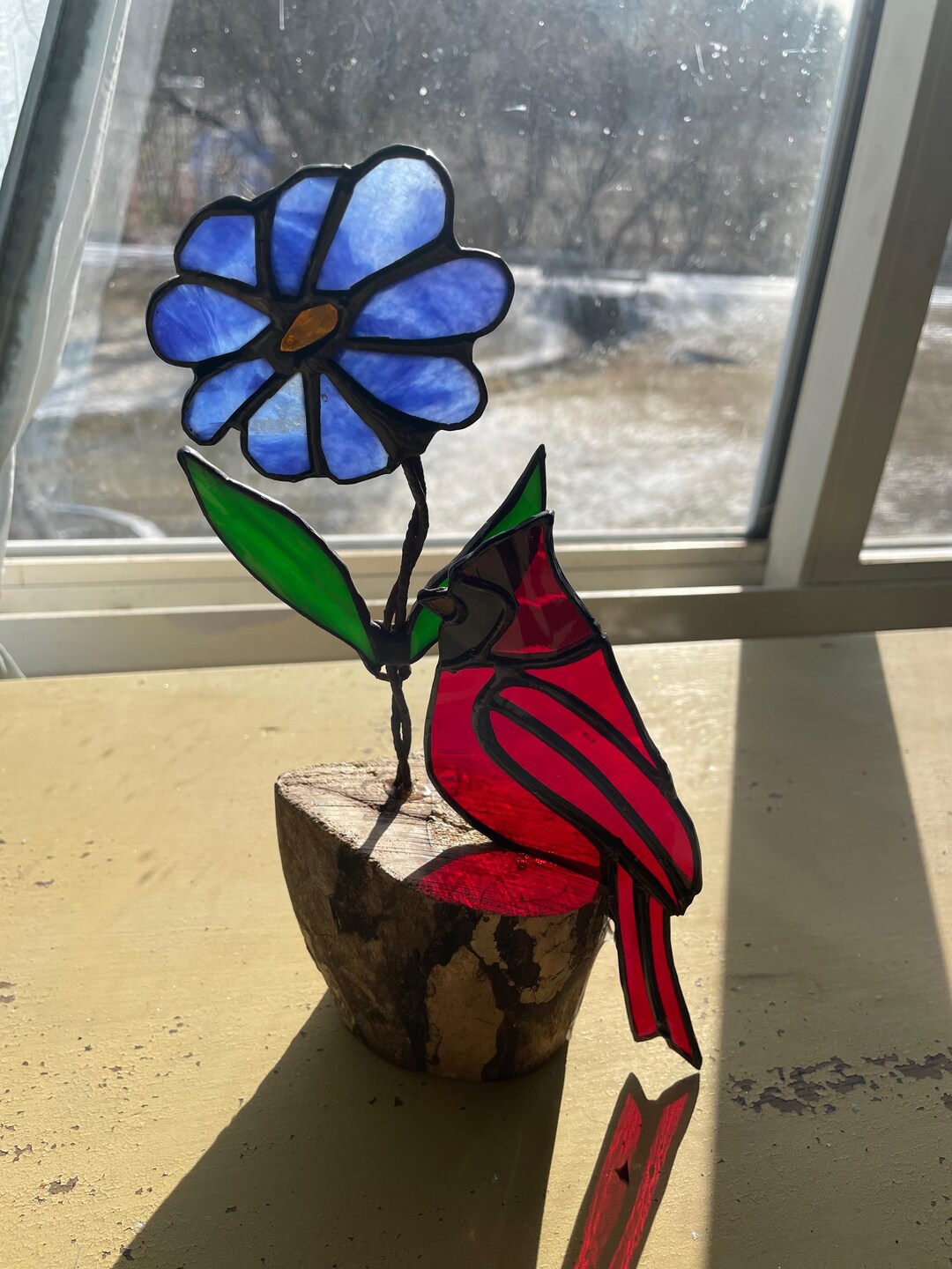 Stained Glass Cardinal Bird With Flower Mounted in Wood Window Sill Sun ...