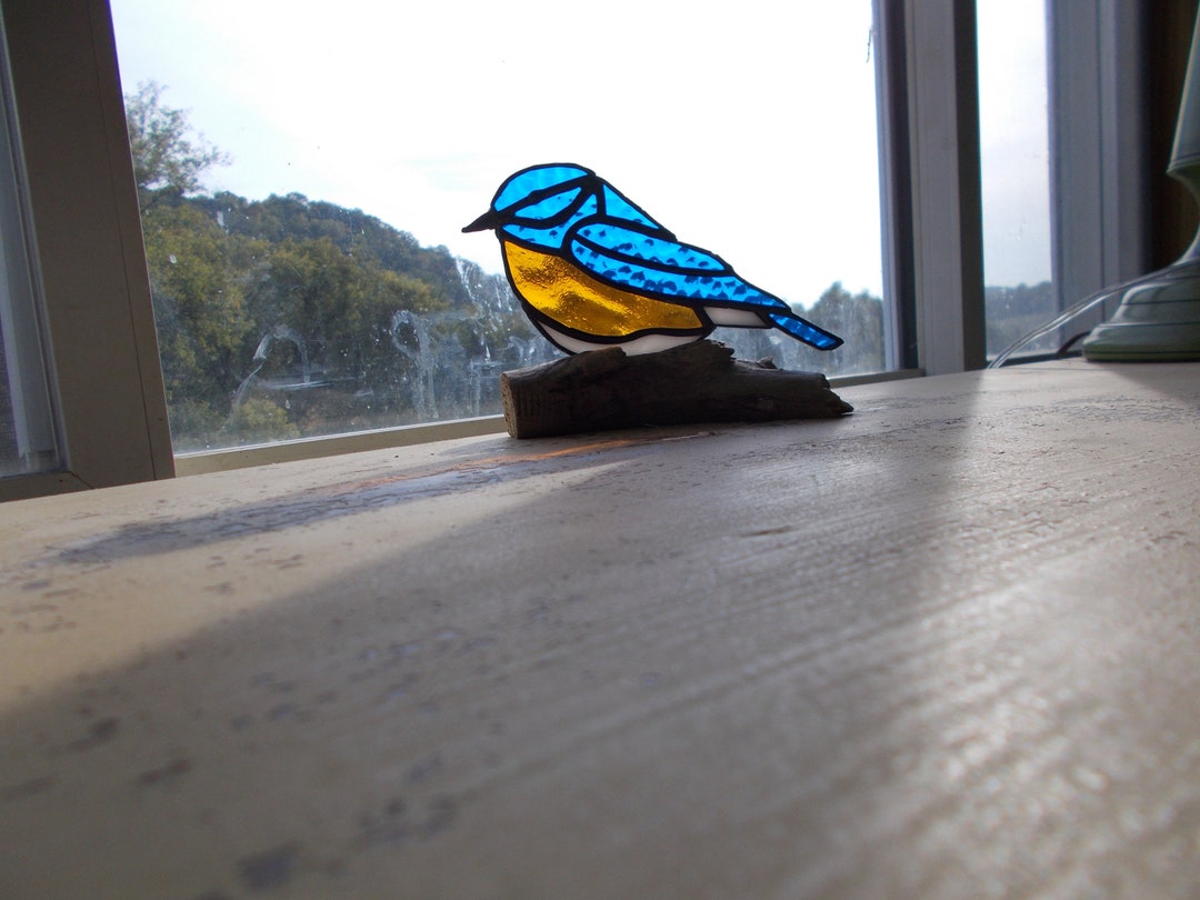 Stained Glass Bluebird Mounted in Wood Window Sill Sun Catcher 59 - Etsy