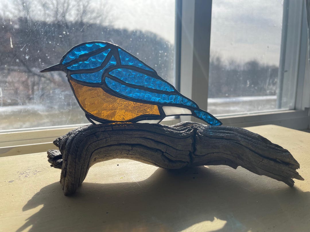 Stained Glass Bluebird Mounted in Wood Window Sill Sun Catcher #57 - Etsy