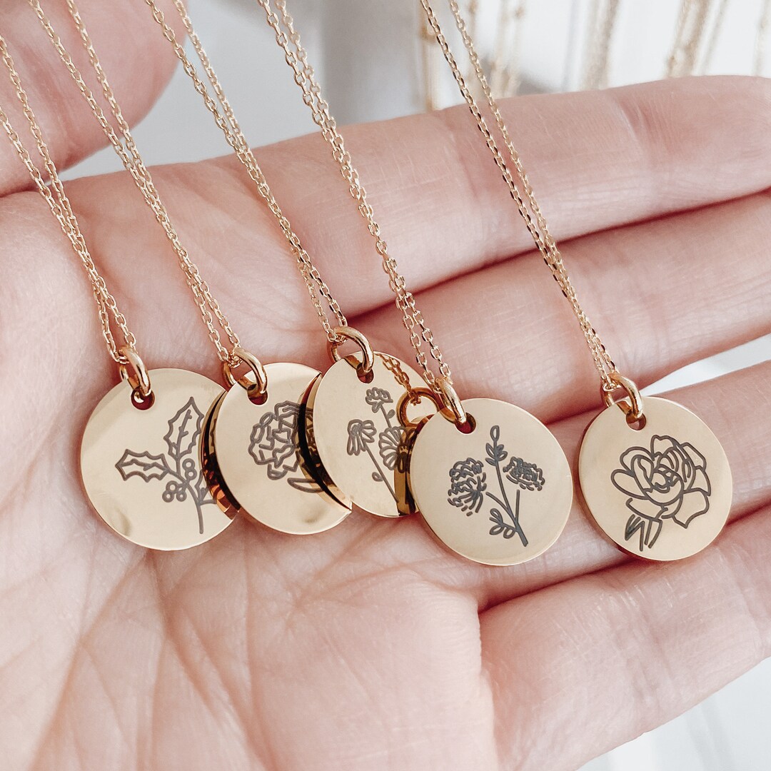 Gold Birth Flower Necklaces, Birth Flower Jewelry, Flower Pendant ...
