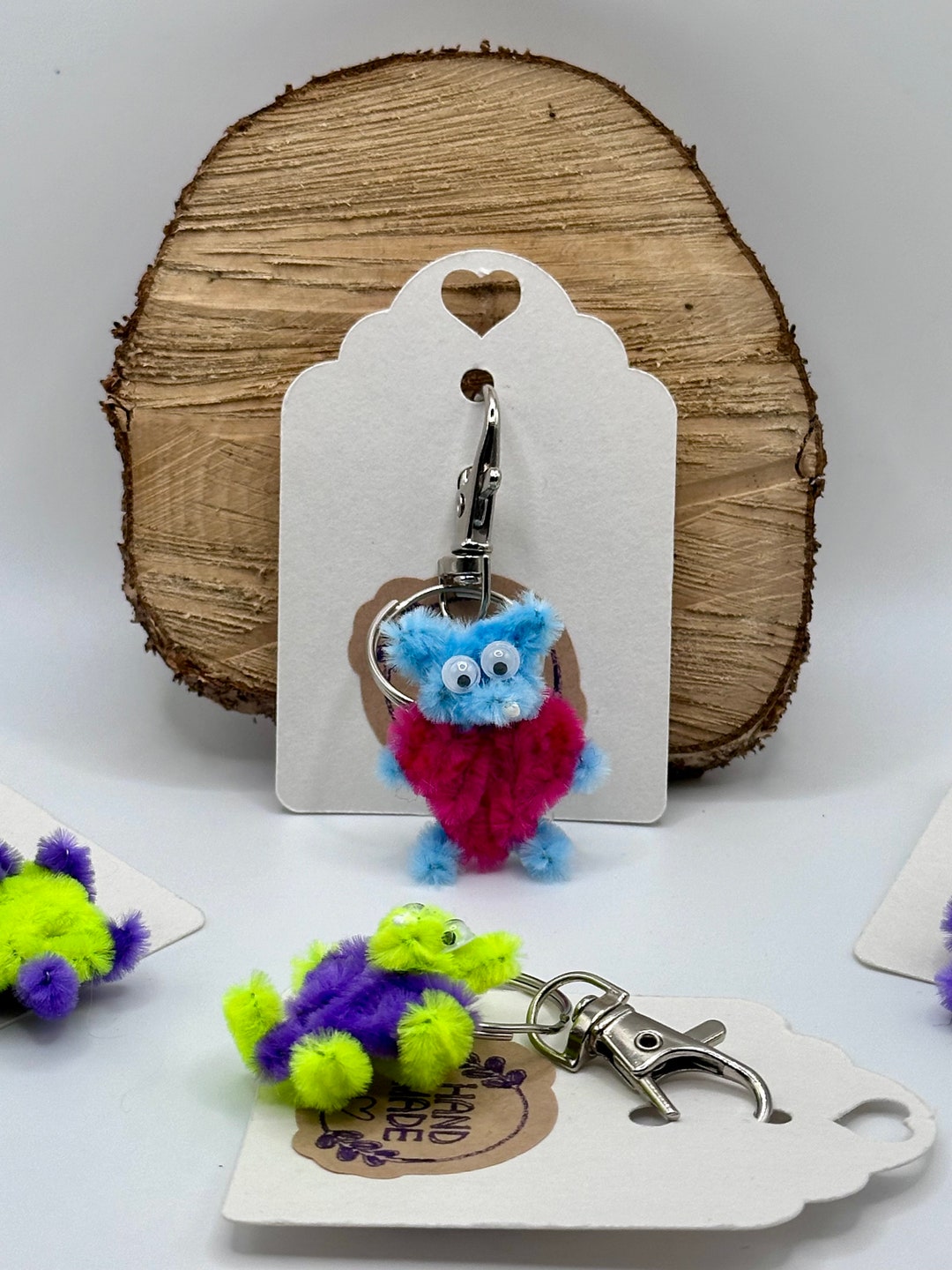 Neon Fluffy Teddy Bear Keyrings With UV Reactive Hearts Pipe Cleaner ...