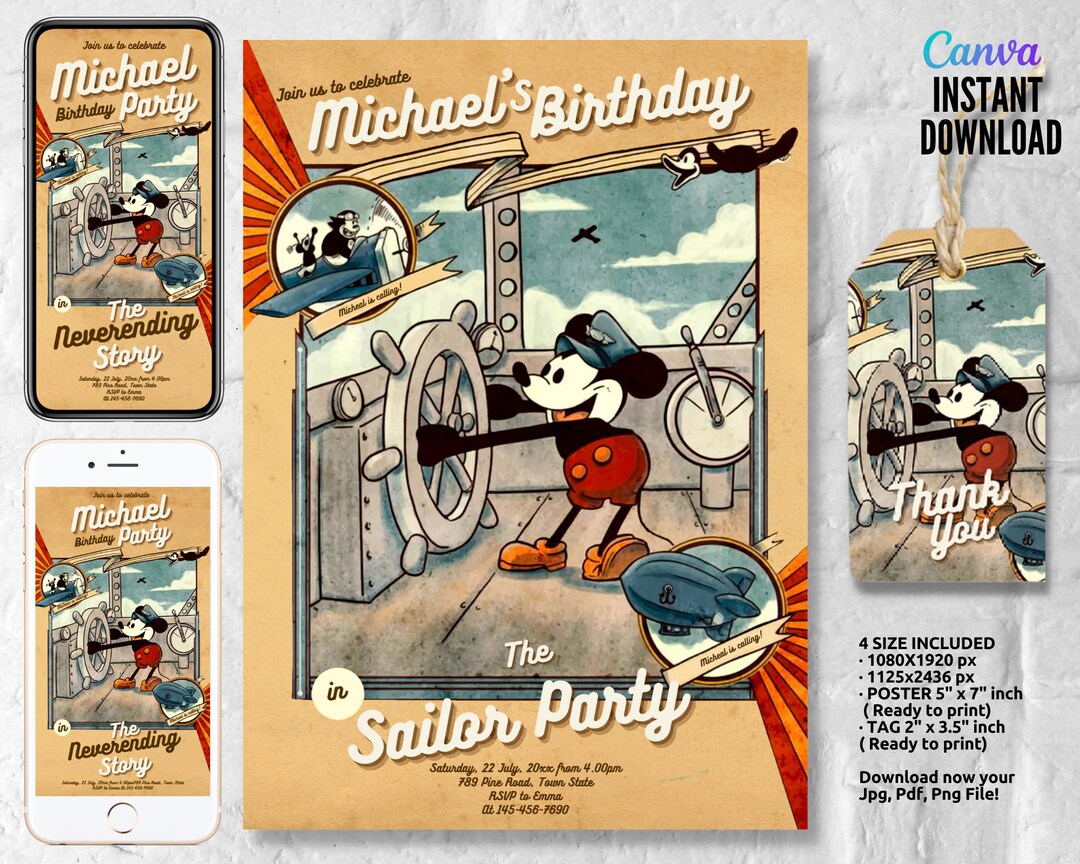 Mickey Mouse Birthday Invitation: Steamboat Willie Theme (digital ...