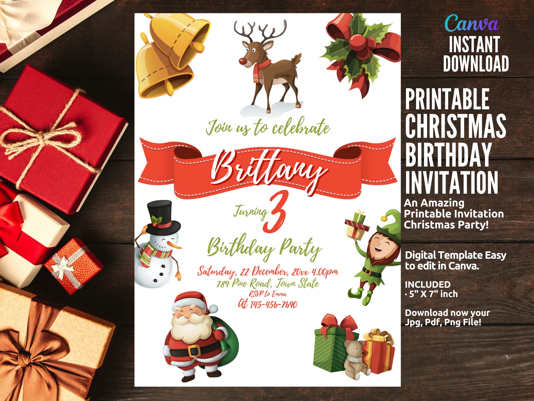 Editable Christmas Birthday Invitation Kids, Printable Christmas ...