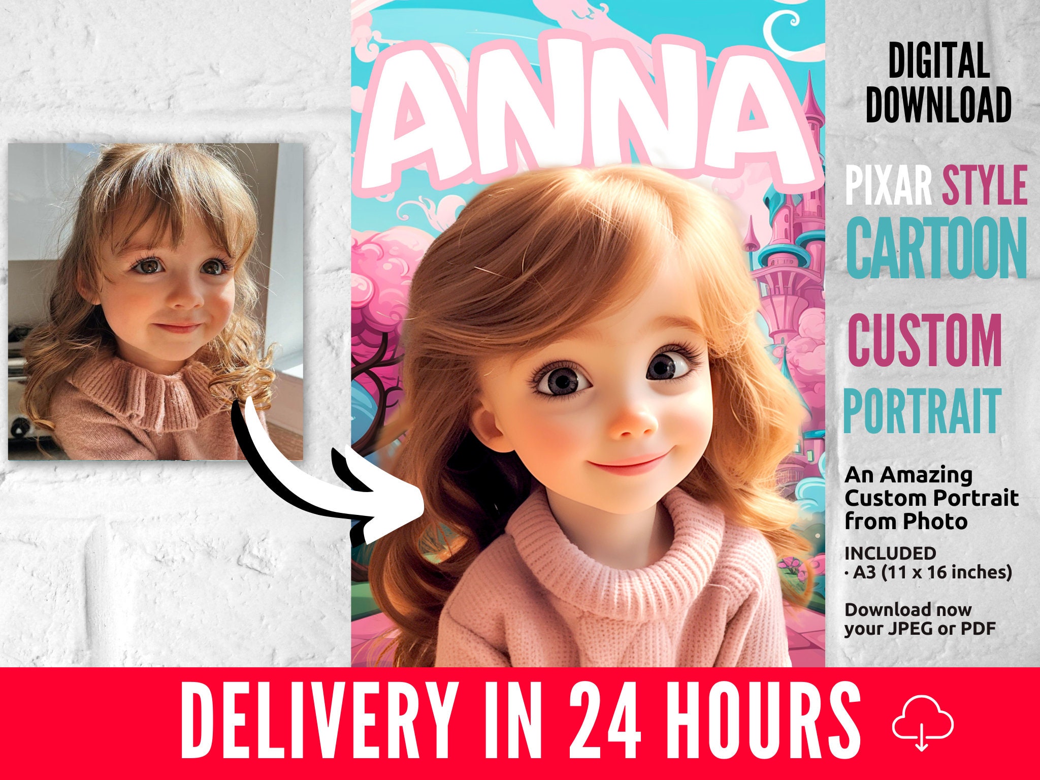 Custom Pixar Style Cartoon From Photo, Kids Cartoon Custom Portrait ...