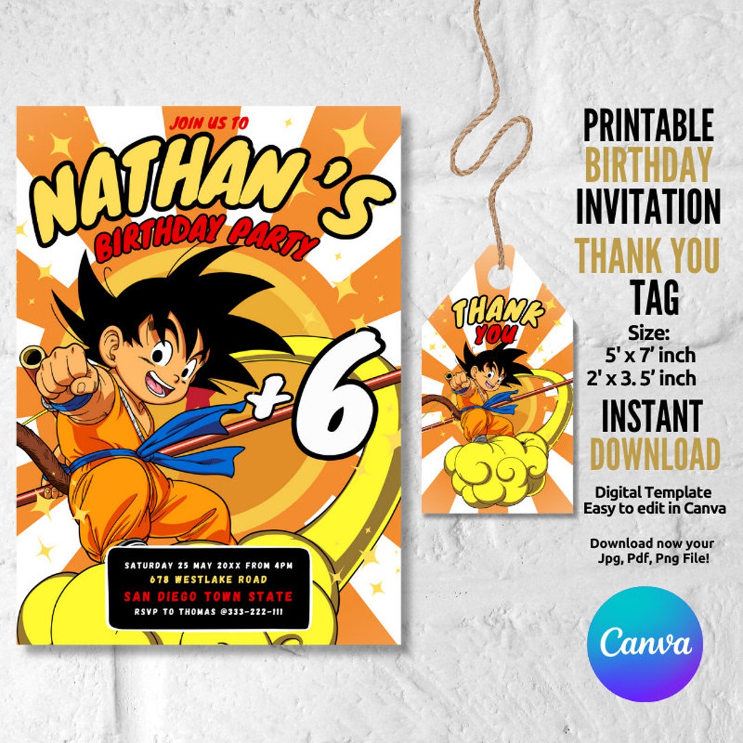 Dragon Ball Birthday Party Invitation, Thank You Tags, Goku Invite ...