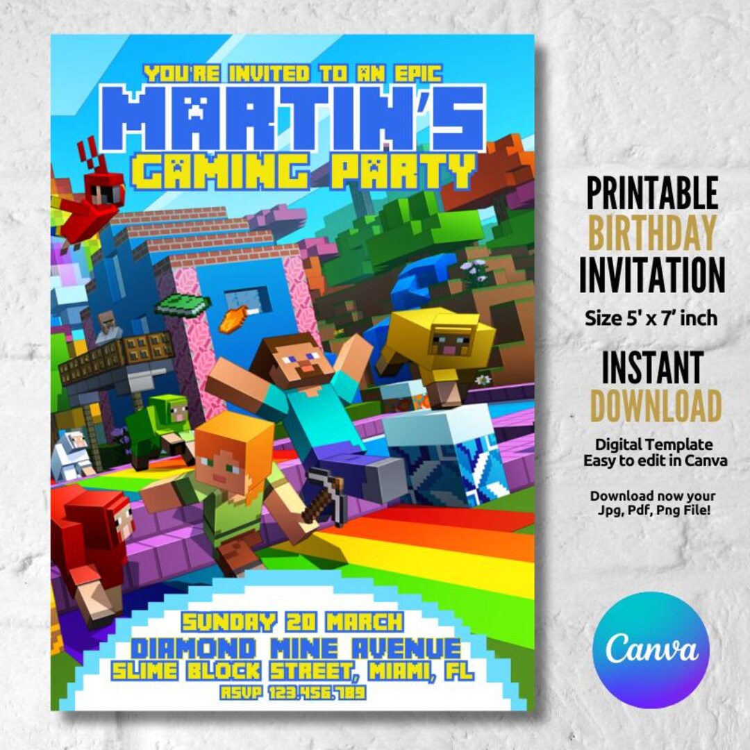 Editable Birthday Party Invitation, Minecraft Gaming, Printable ...