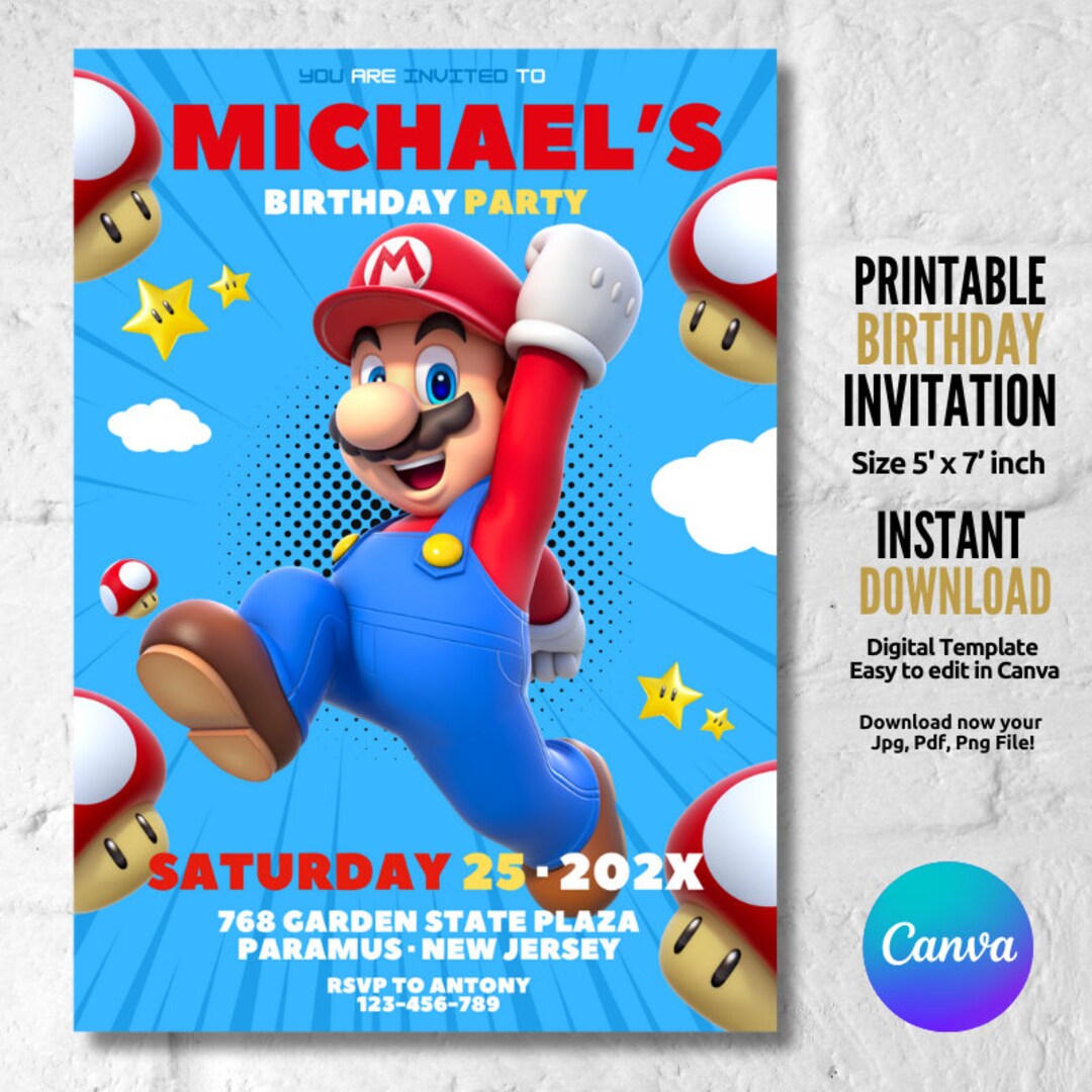 Super Mario Invitation, Printable Invite, Digital Download, Editable ...