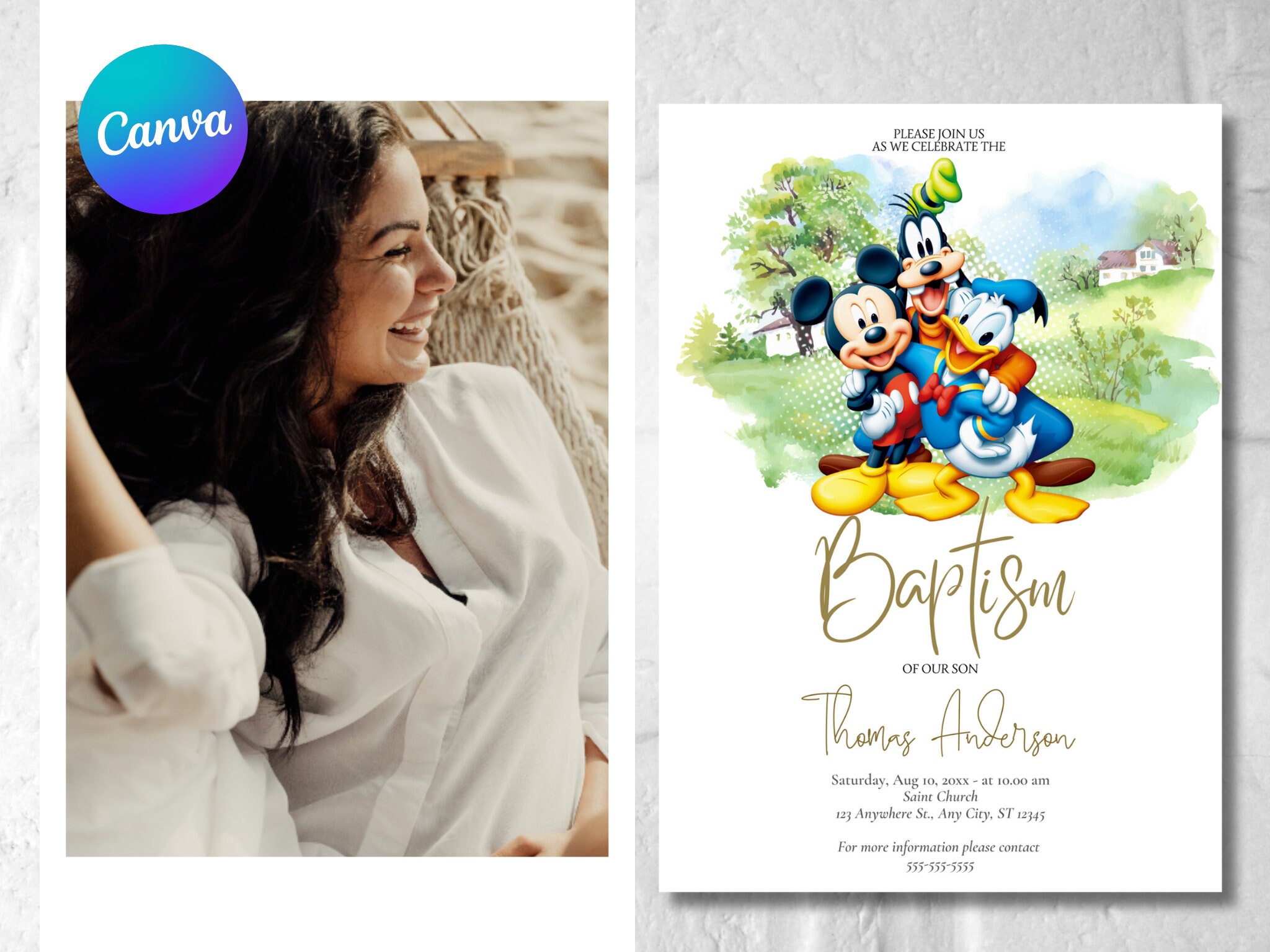Mickey and Friends, Baptism Invitation Template, Donald Duck, Goofy and ...