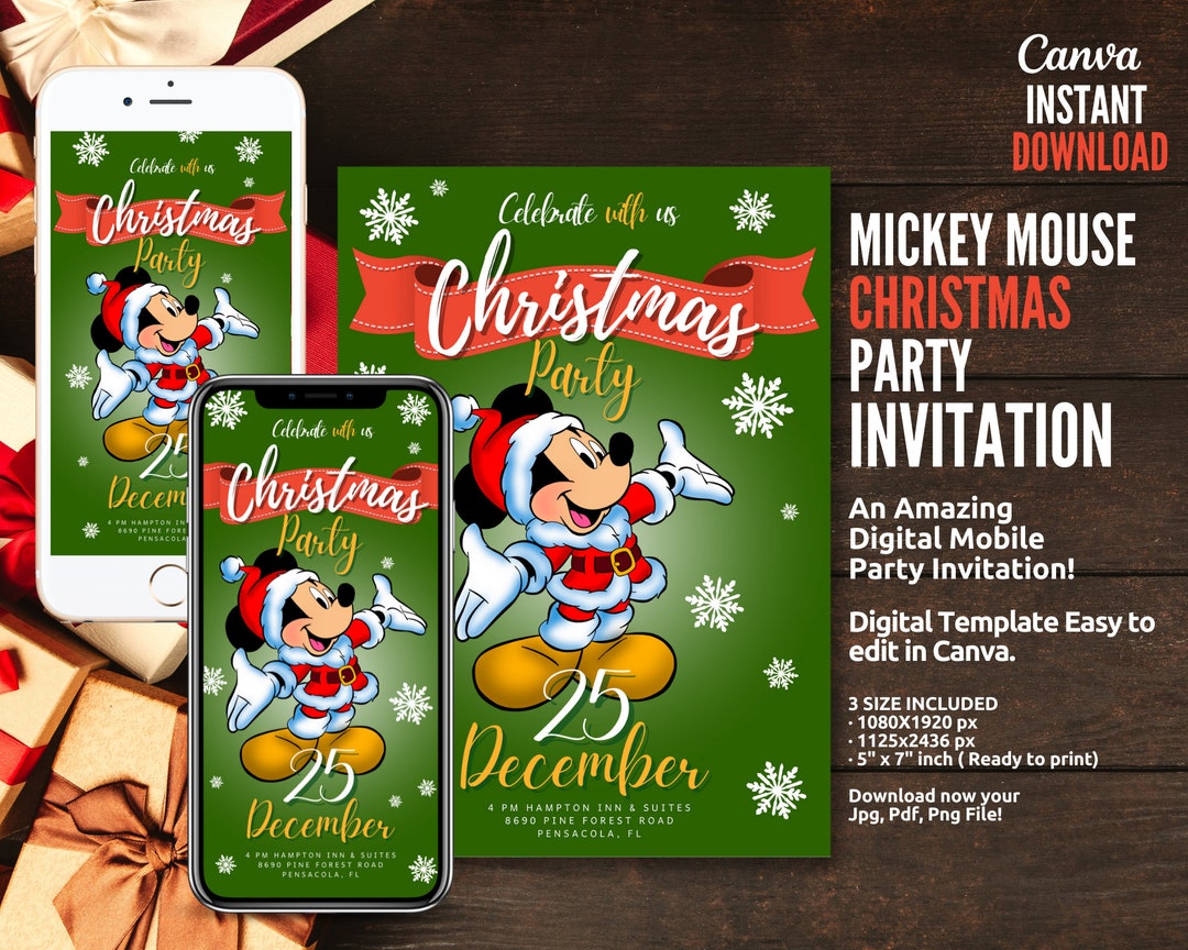 Christmas Invitation Template, Printable Mickey Mouse Christmas Party ...