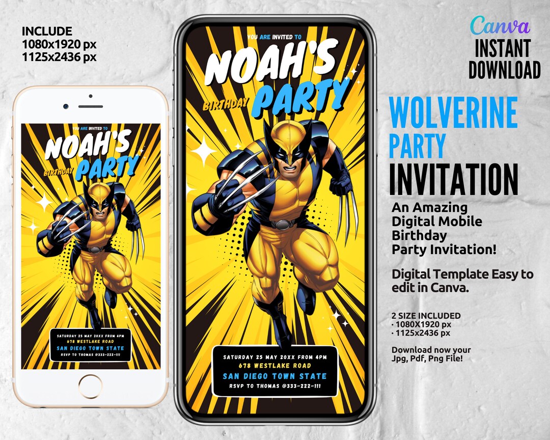 Wolverine Birthday Phone Invitation: Editable Avengers Template ...