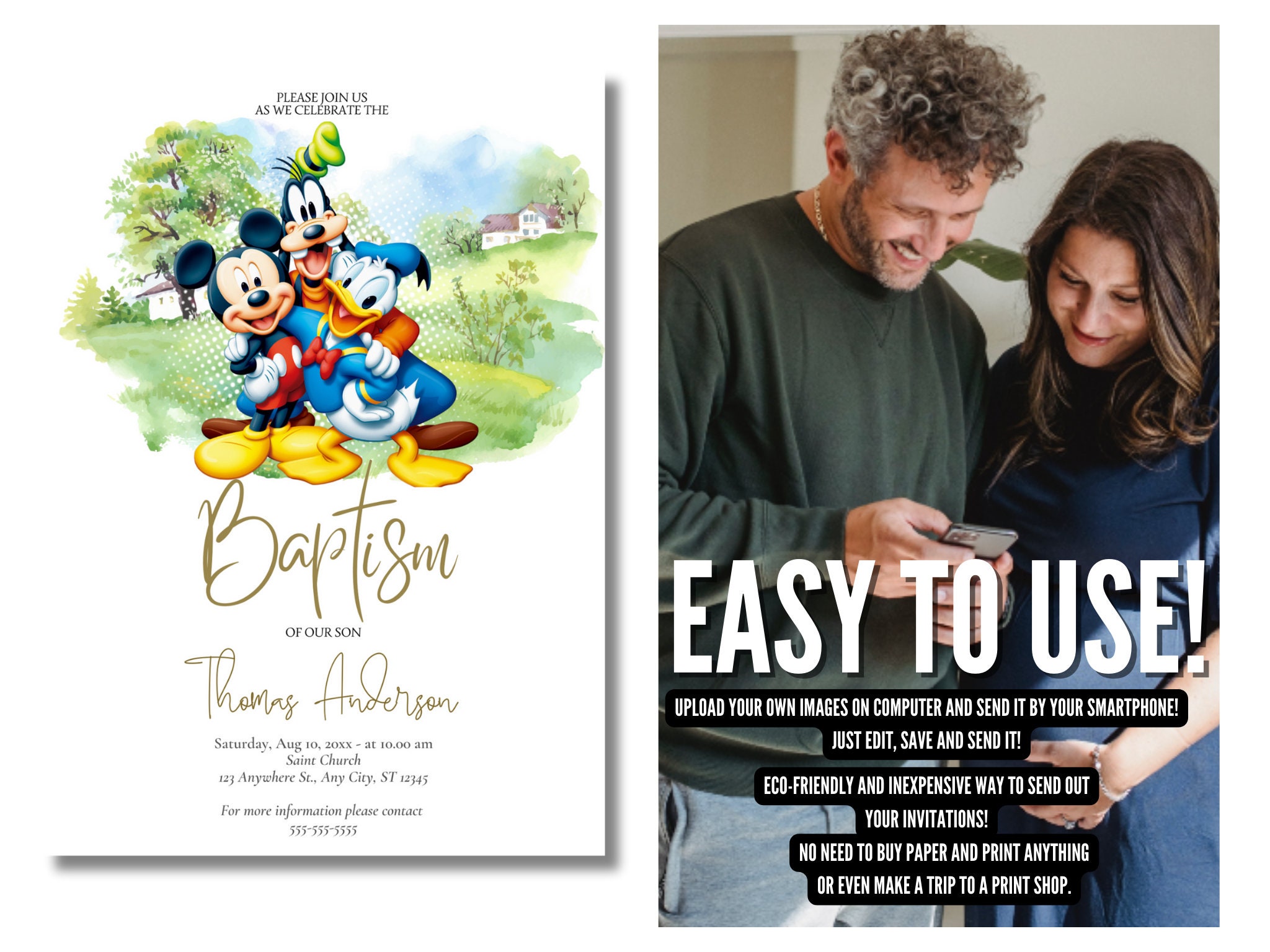 Mickey and Friends, Baptism Invitation Template, Donald Duck, Goofy and ...