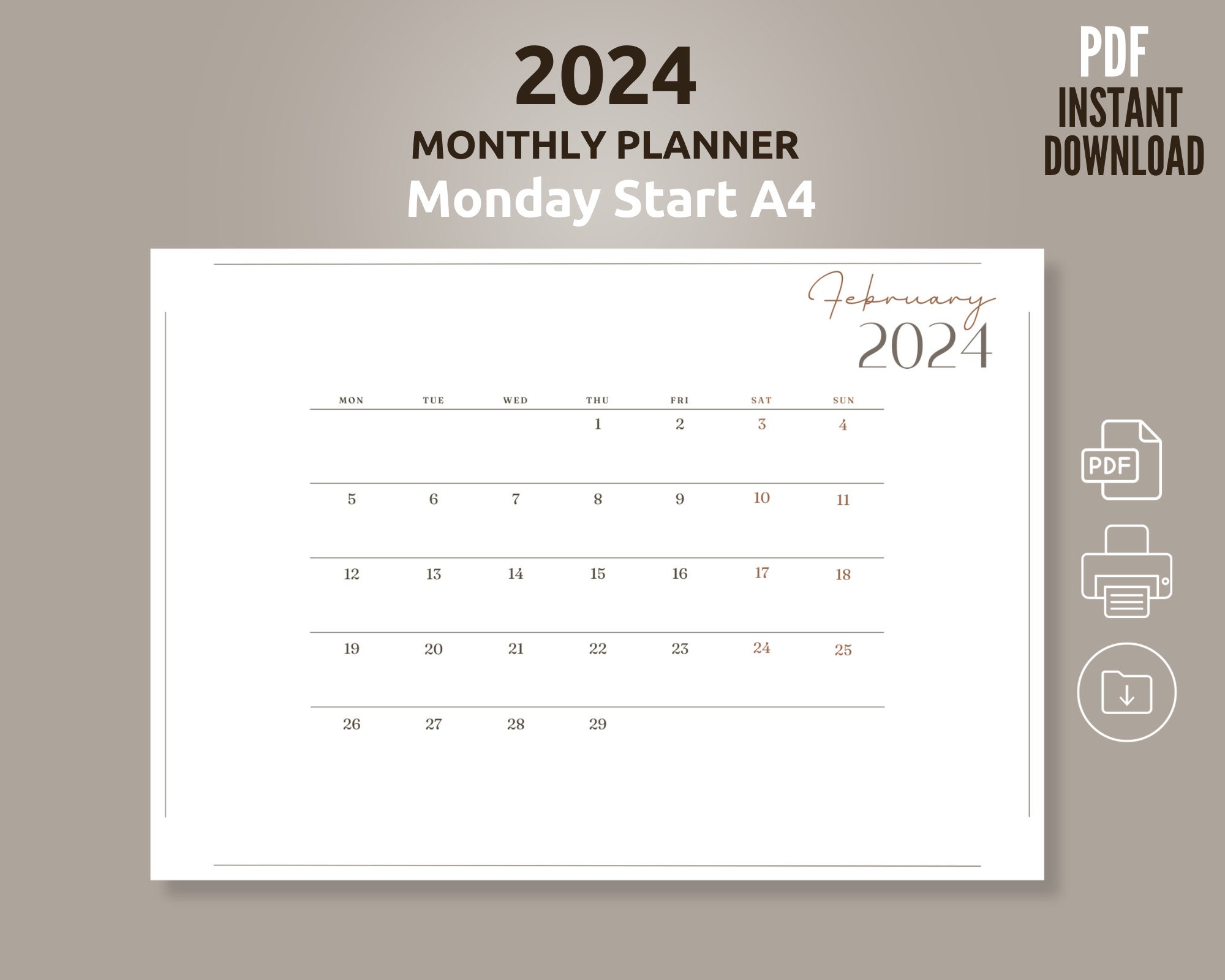 2024 Calendar Printable, 2024 Monthly Calendar, Sunday Start, Monday ...