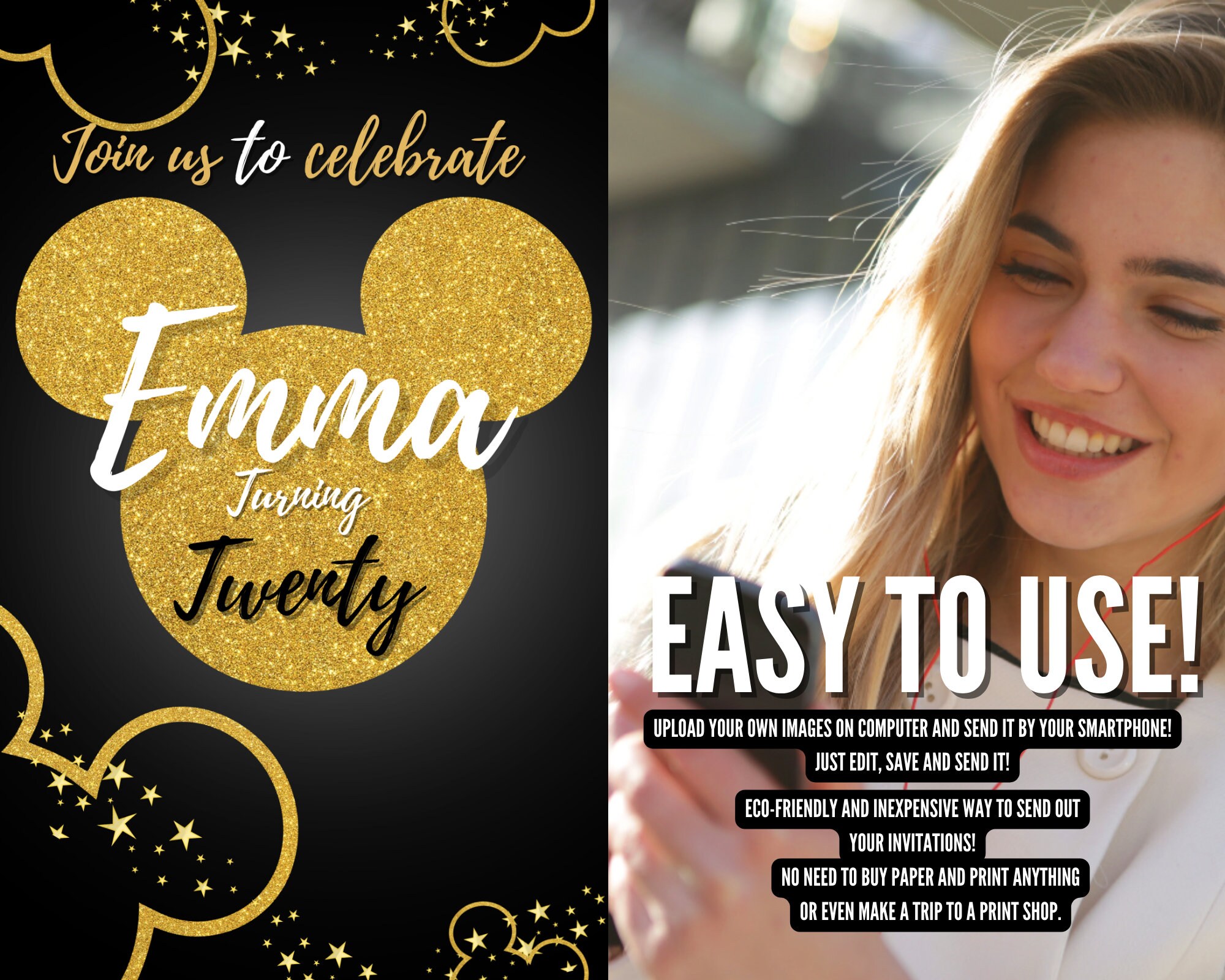 Mickey Mouse Invitation Phone Birthday, Mickey Mouse Gold Party ...